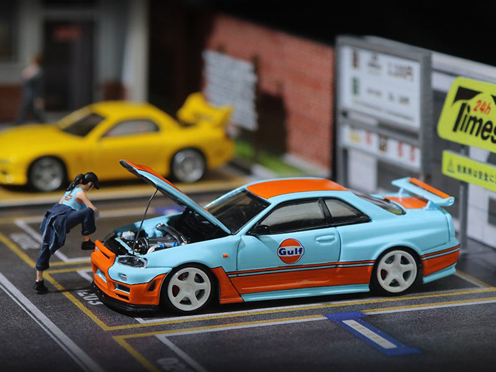Time Model 1/64 Nissan Skyline GTR R34 Gulf Livery Car with Figurine ...
