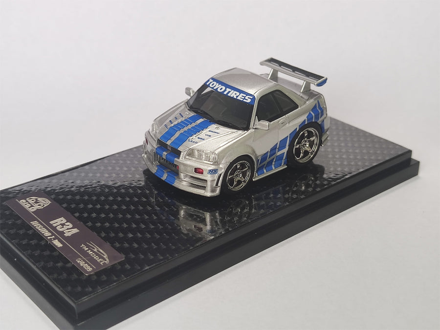 YM x ERAQ Q-Scale 1/64 Nissan Skyline GTR R34 Z-Tune Silver with Blue